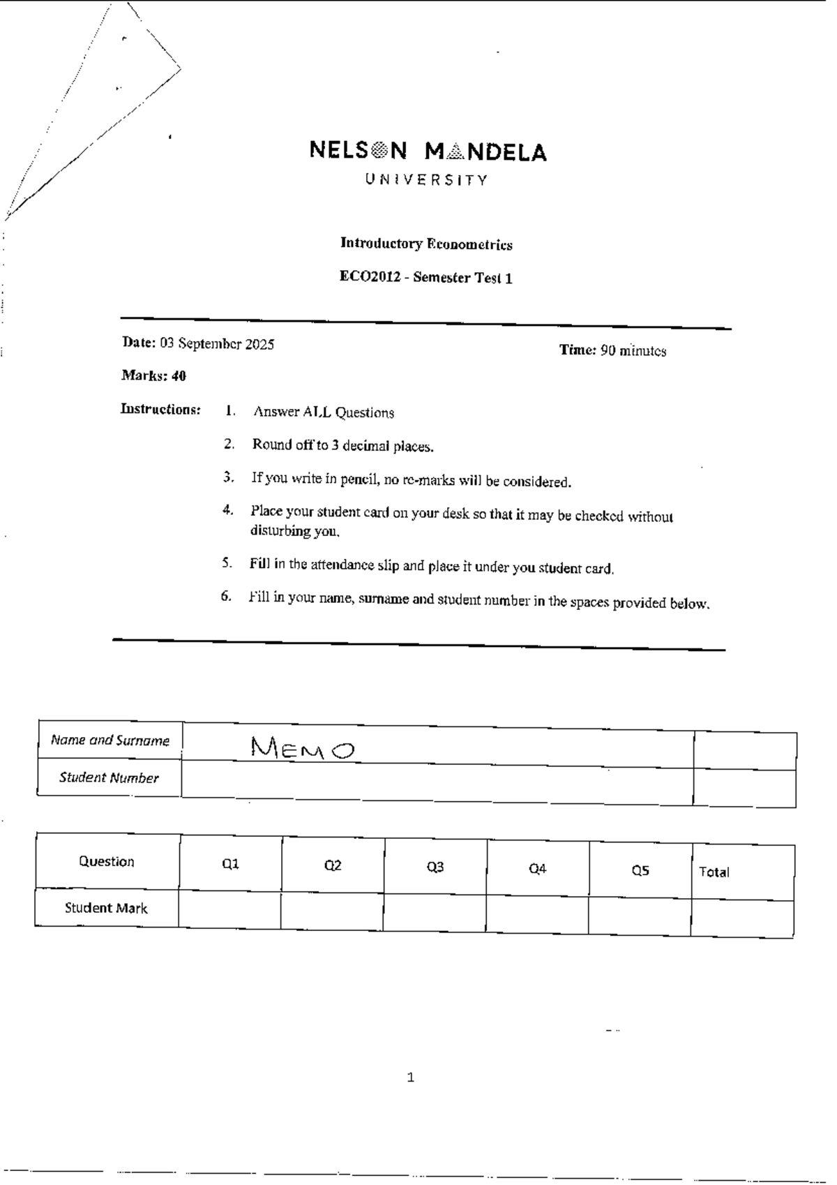ECO2012 Introductory Econometrics Semester Test 1 Memo - Studocu