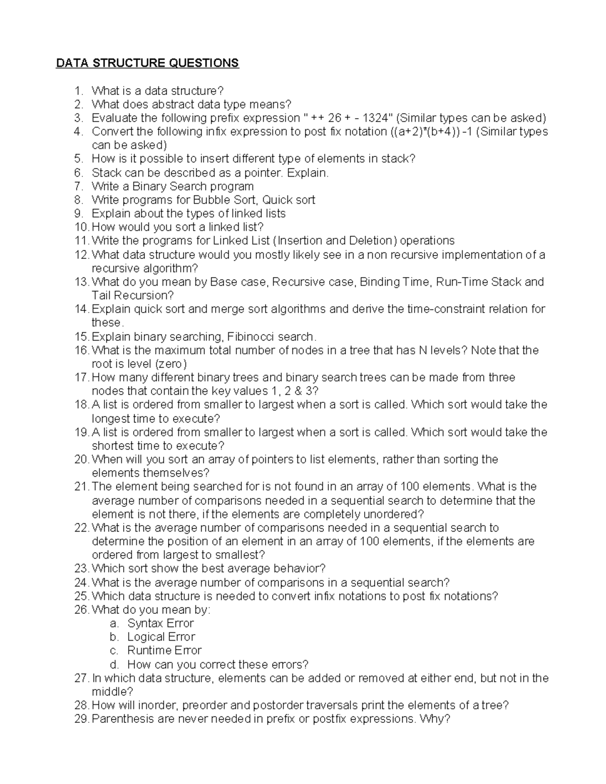 Data Structure Questions and Answers (CS101 Review) - Studocu