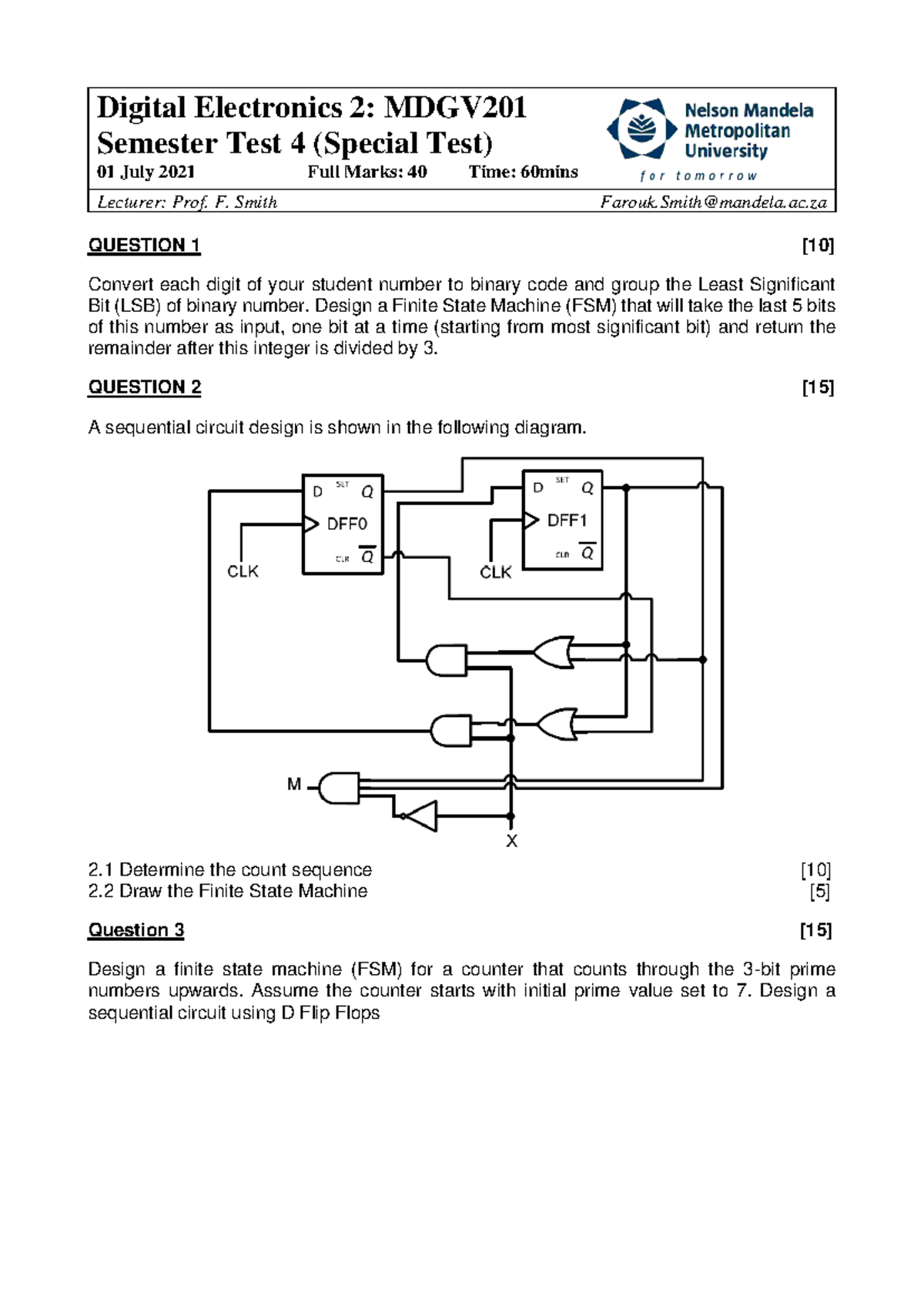 MDGV201 Digital Electronics Test 4: FSM & Circuit Design 2021 - Studocu