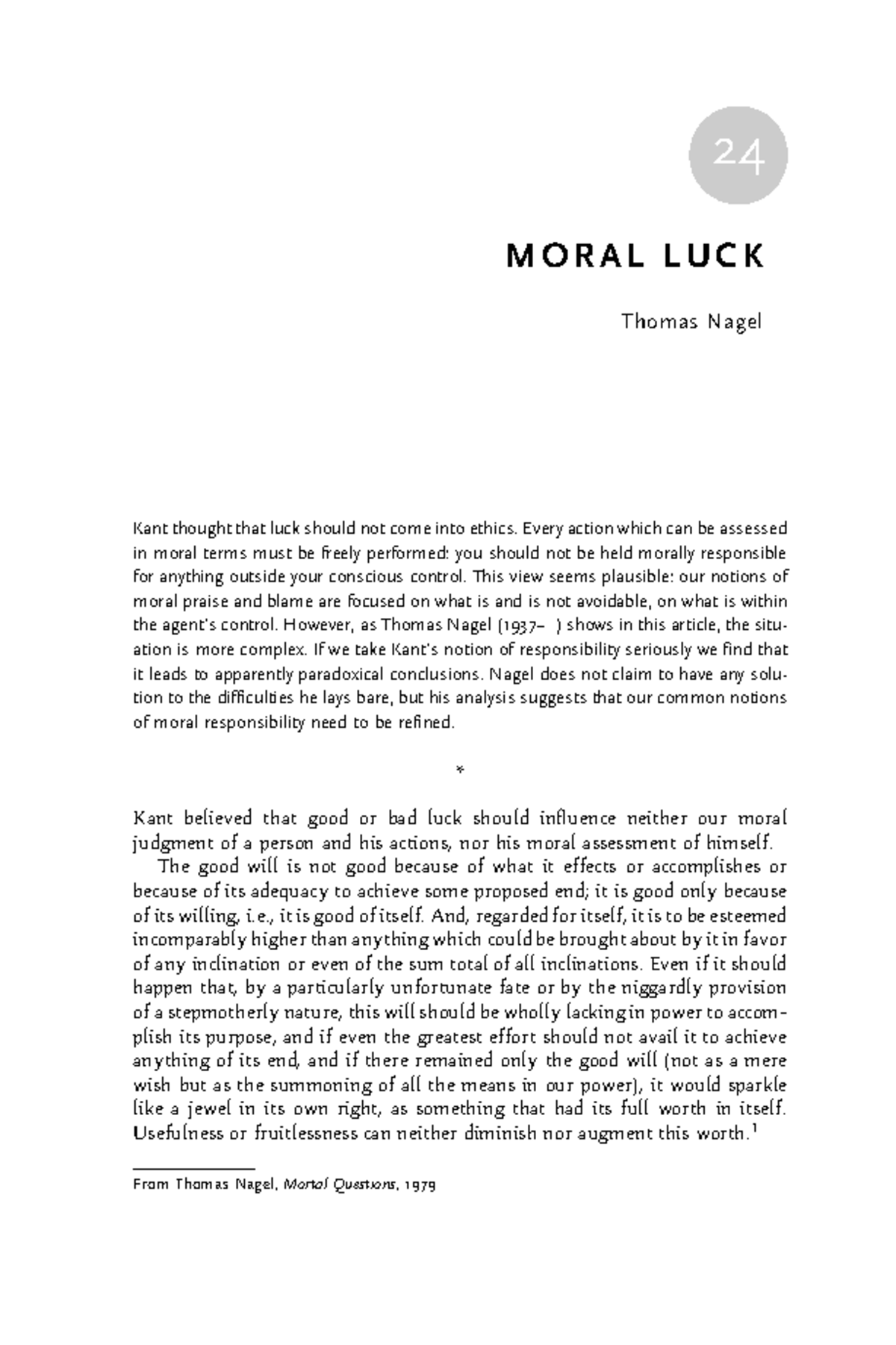 Moral Luck: Analyzing Nagel's Ethical Paradox (PHIL 24) - Studocu