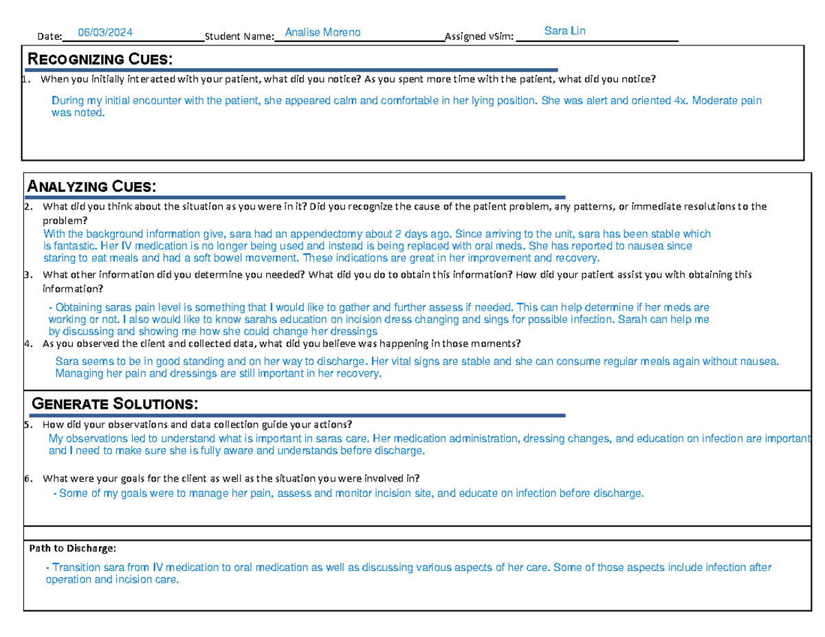 Post-Simulation Clinical Judgment Worksheet for Sara Lin (vSim) - Studocu