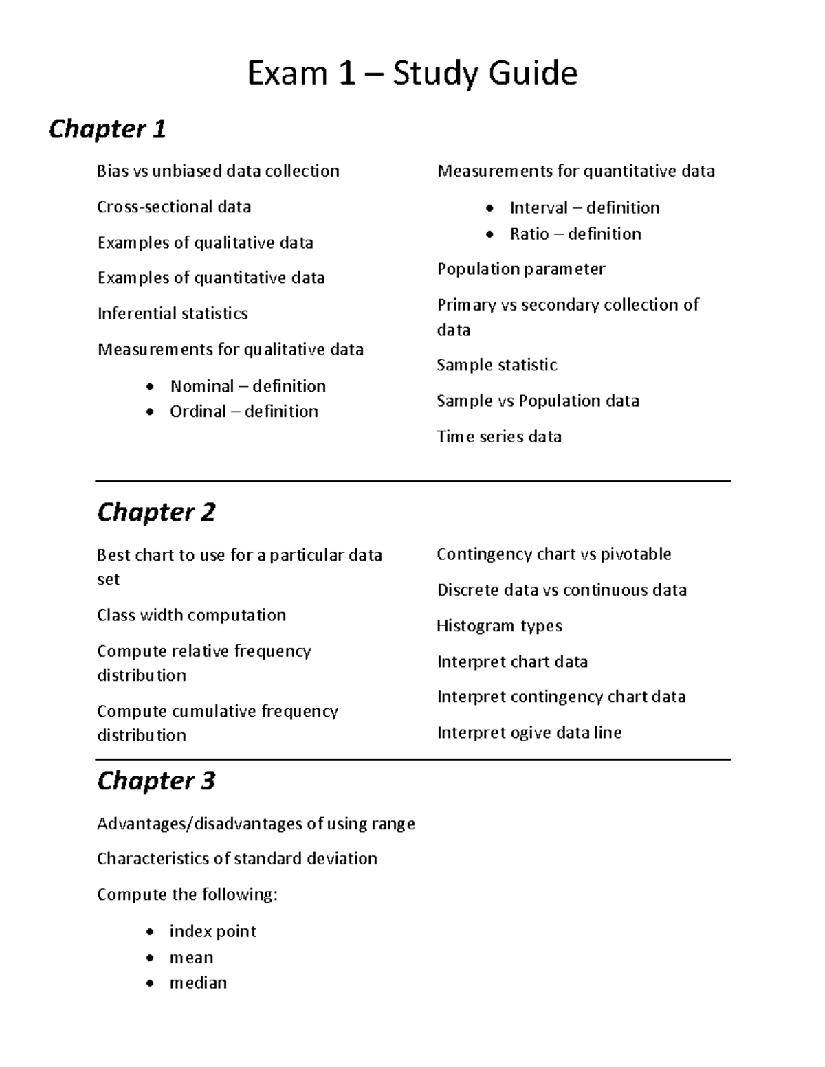 Statistics Exam 1 Study Guide: Key Concepts & Data Analysis Techniques ...