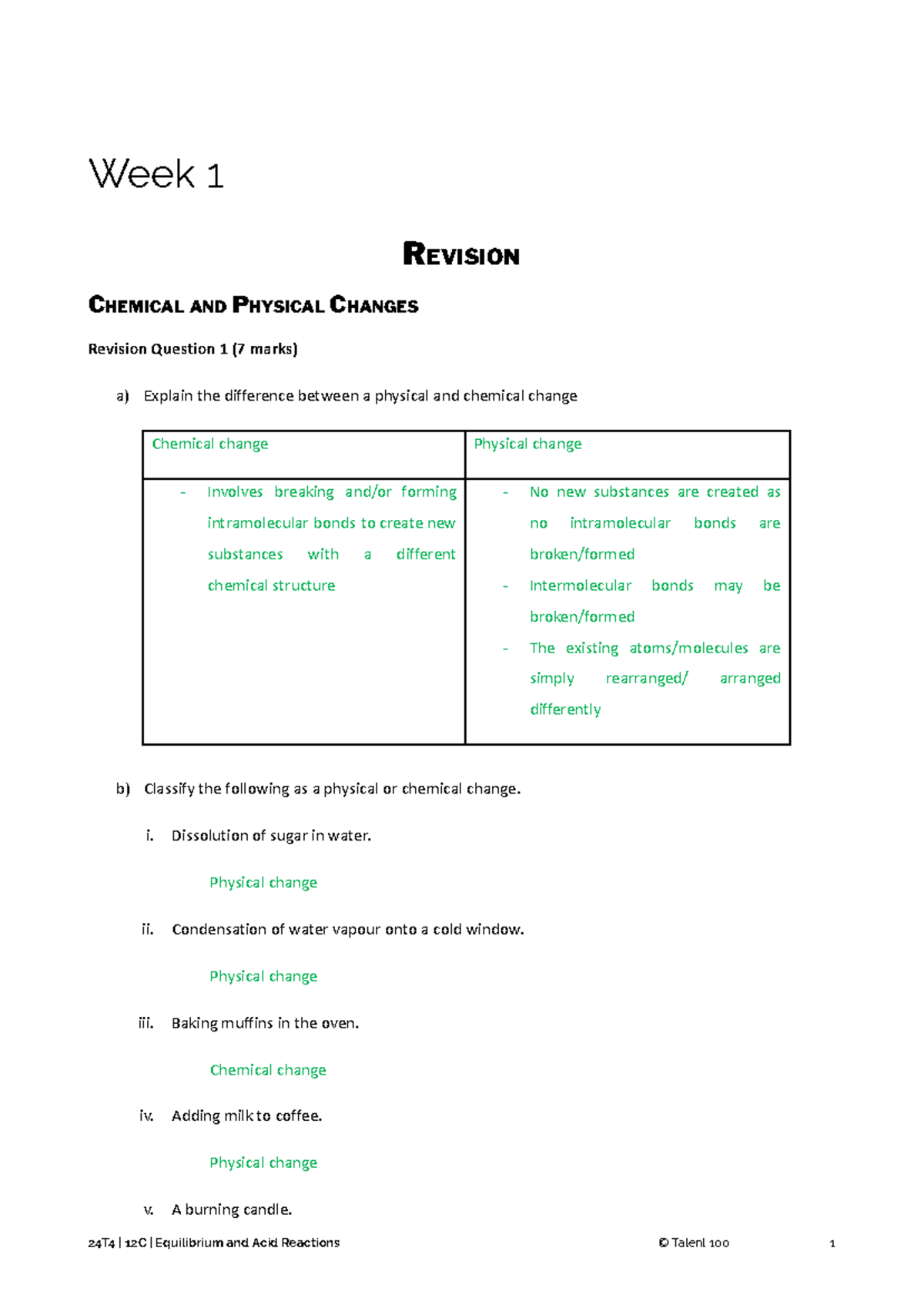 Week 1 Revision: Chemical & Physical Changes - 24T4 12C Notes - Studocu