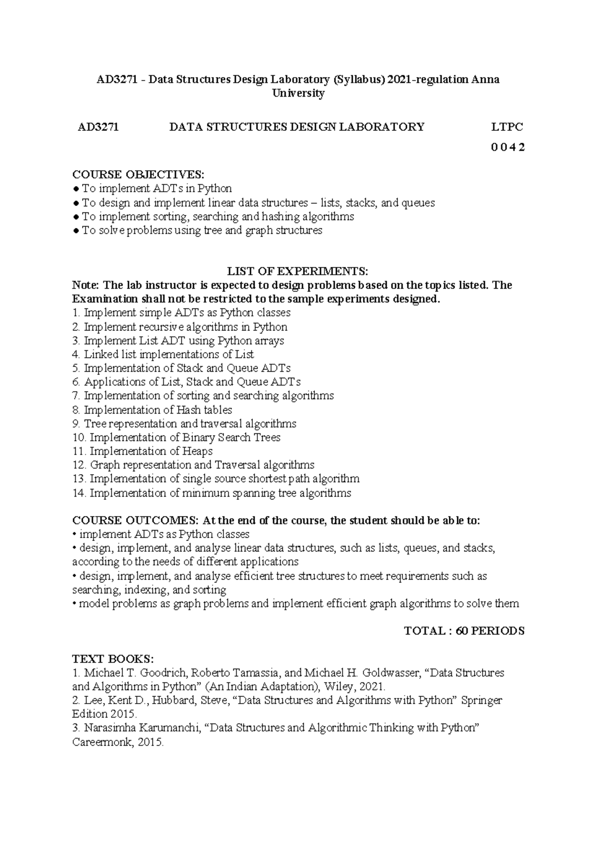 AD3271 Data Structures Design Lab Syllabus Overview - Studocu