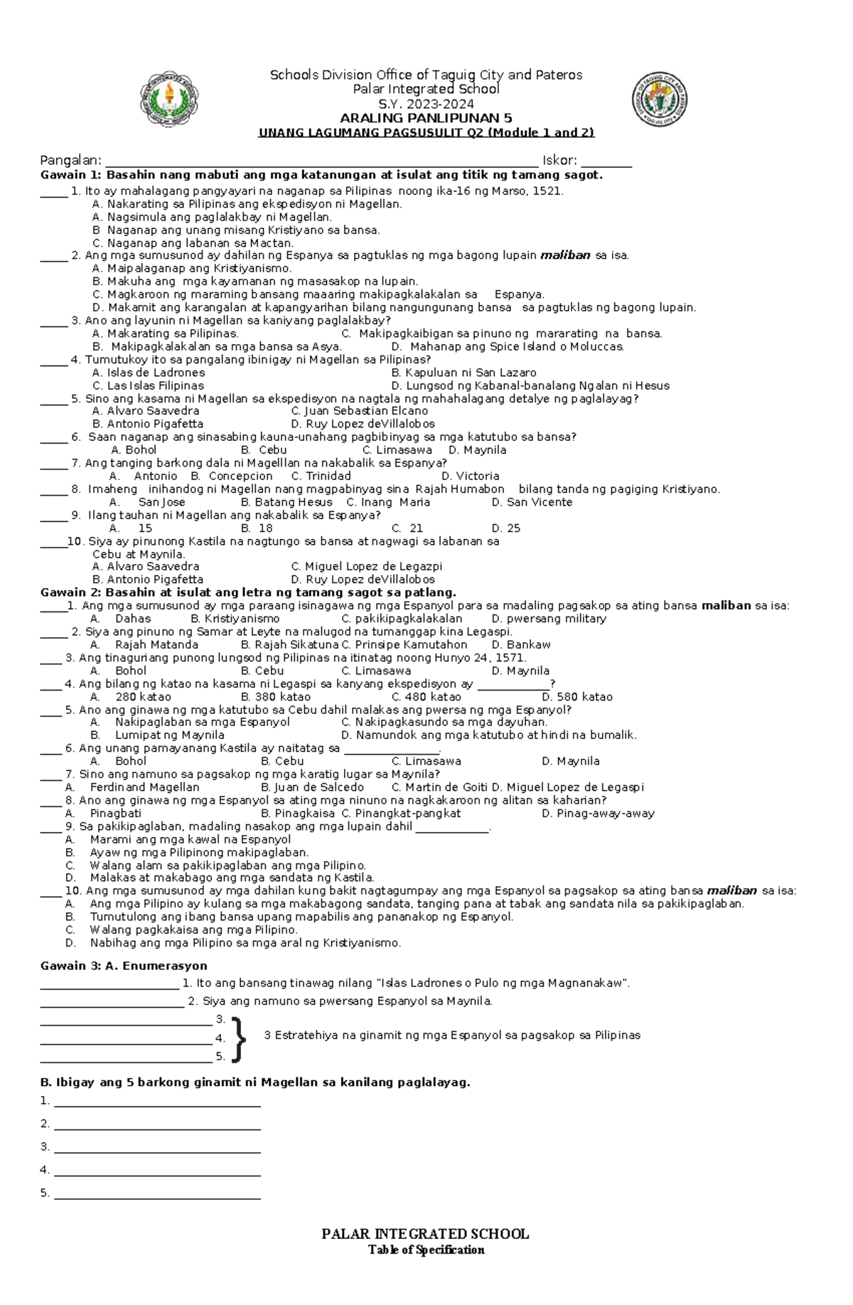 1st Summative Test AP Q2 - } Schools Division Office of Taguig City and ...
