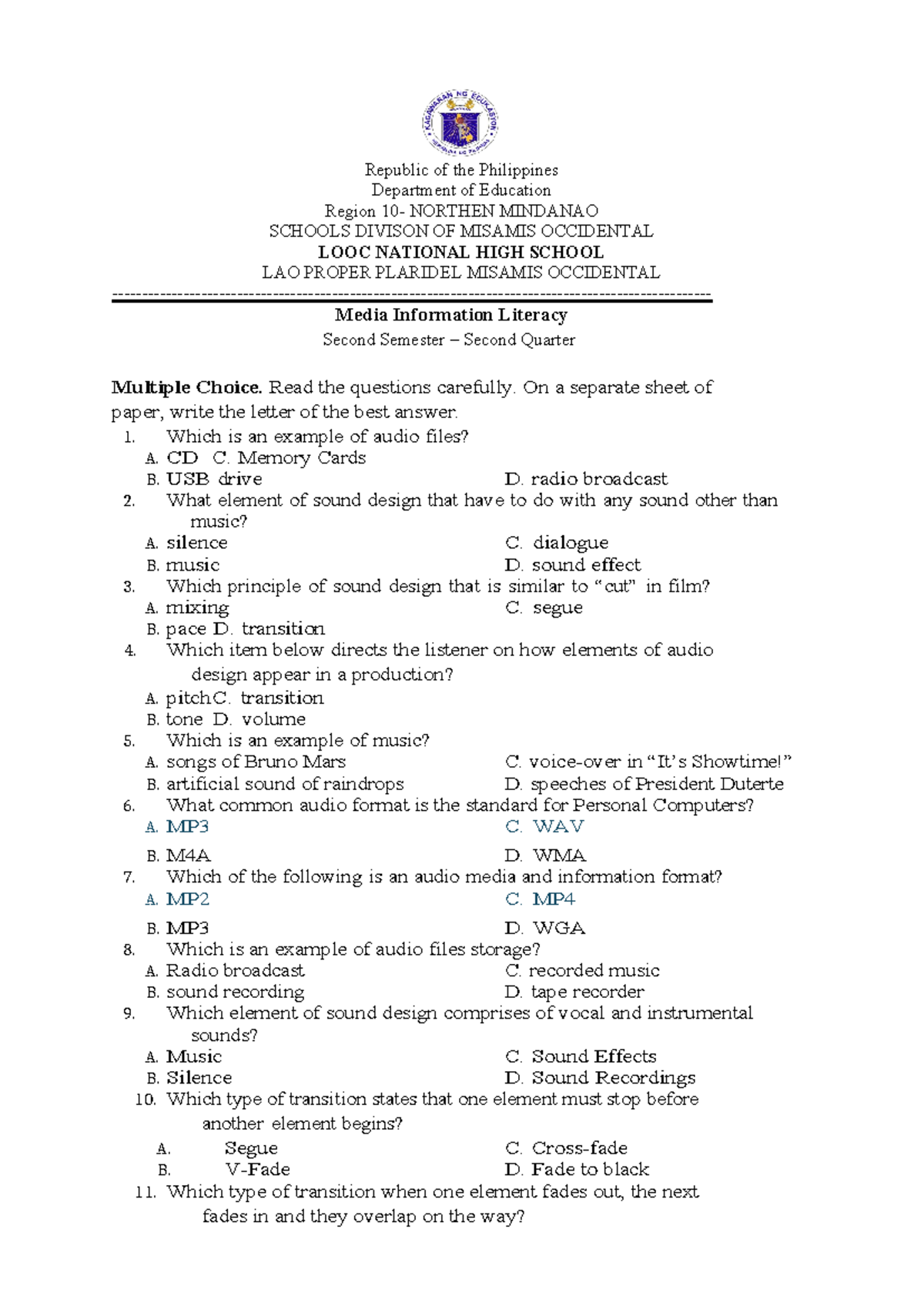 MIL 2nd Sem Exam: Media Info Literacy Multiple Choice Questions - Studocu