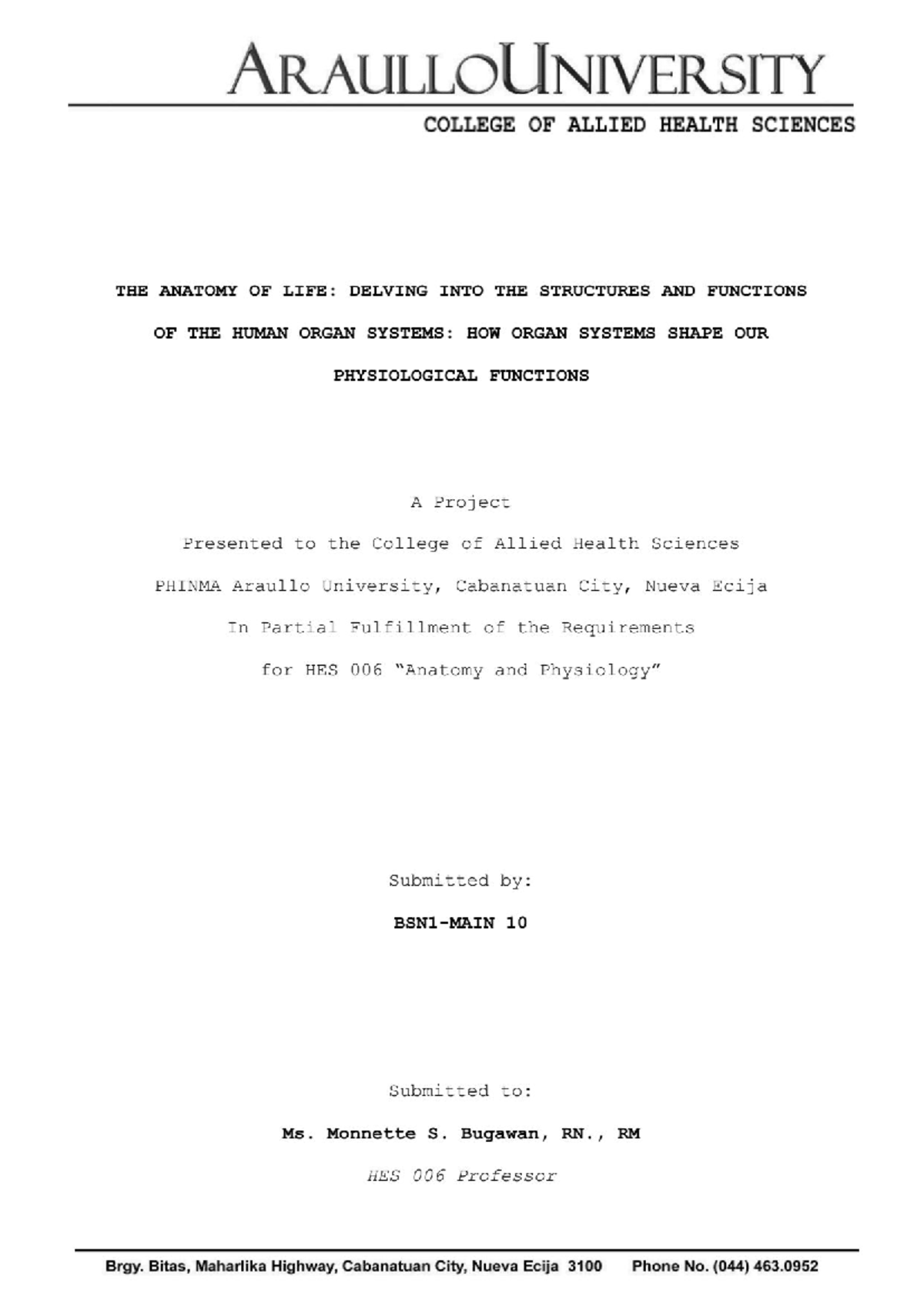BSN1-Main-10 Final Project: Anatomy of Human Organ Systems in HES 006 ...