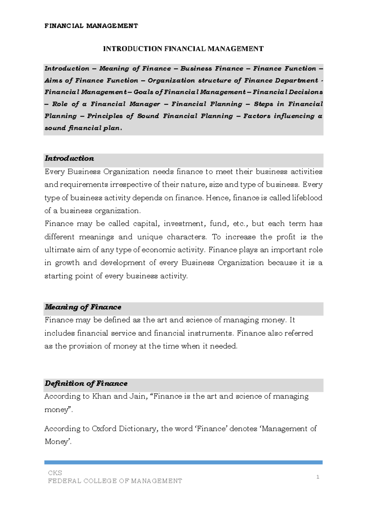F.M Chapter 1 - Intro to Financial Management Module Notes CKS - Studocu