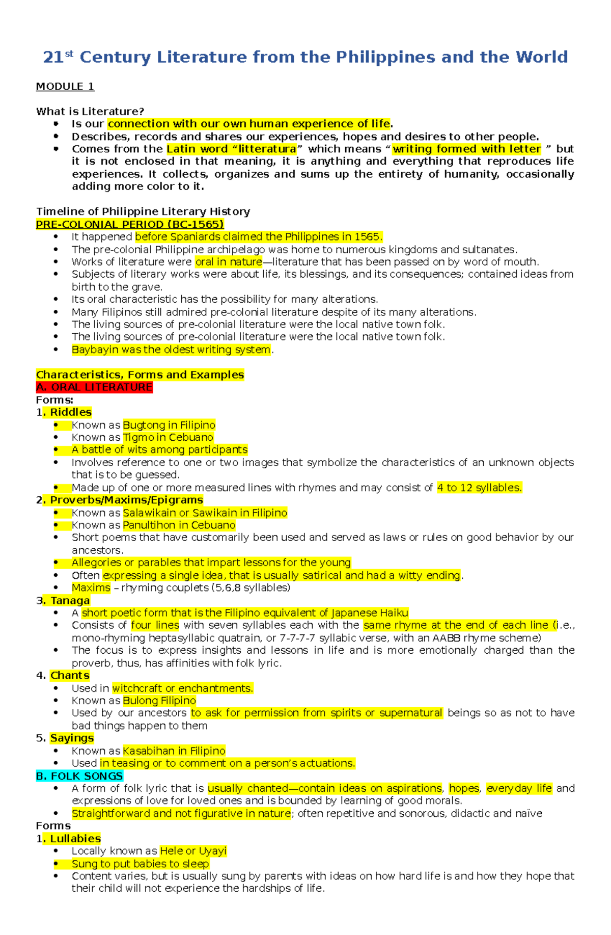 21ST Century Literature Module 1 & 2 Reviewer for Q1 Exam - Studocu