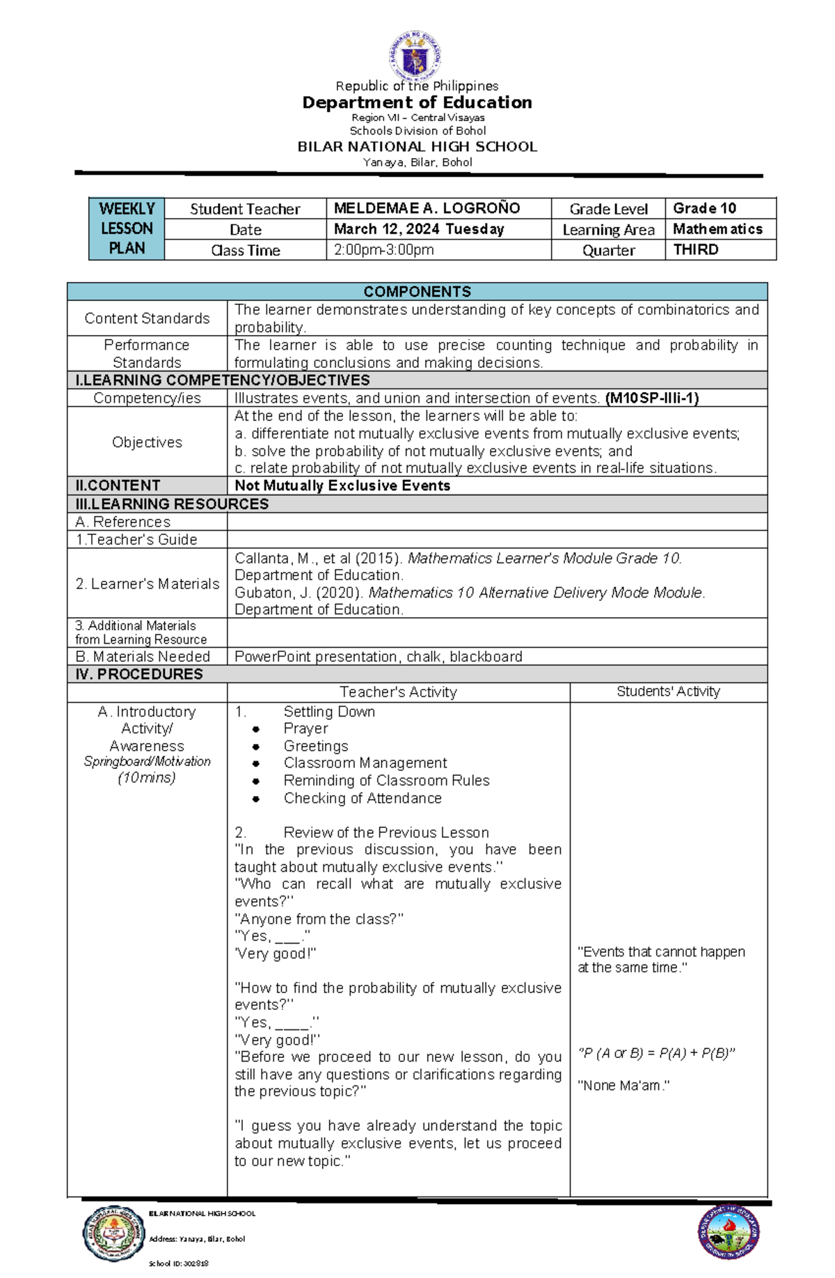 Lesson Plan for Not Mutually Exclusive Events (M10SP-IIIi-1) - Studocu