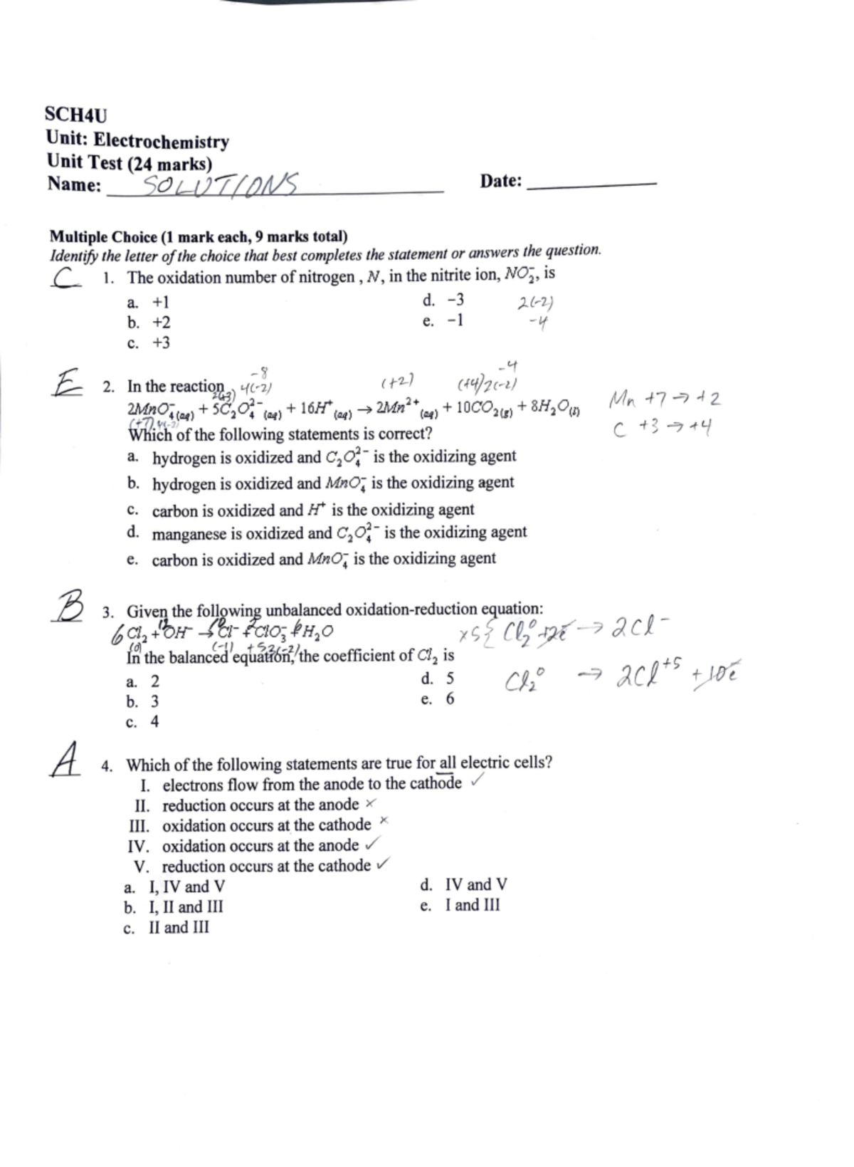 SCH4U Electrochemistry Unit Test Solutions and Answer Key - Studocu