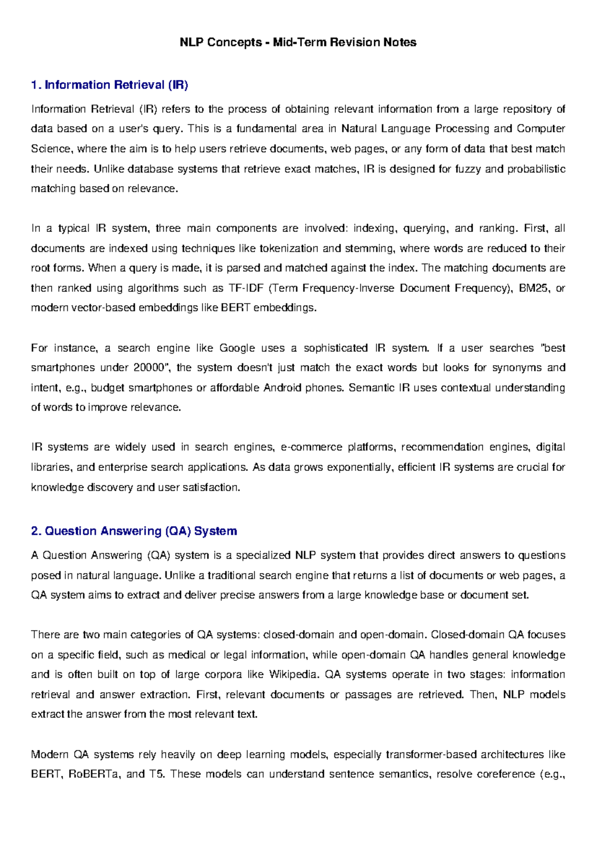 NLP Concepts Revision Notes: Information Retrieval, QA, Summarization ...