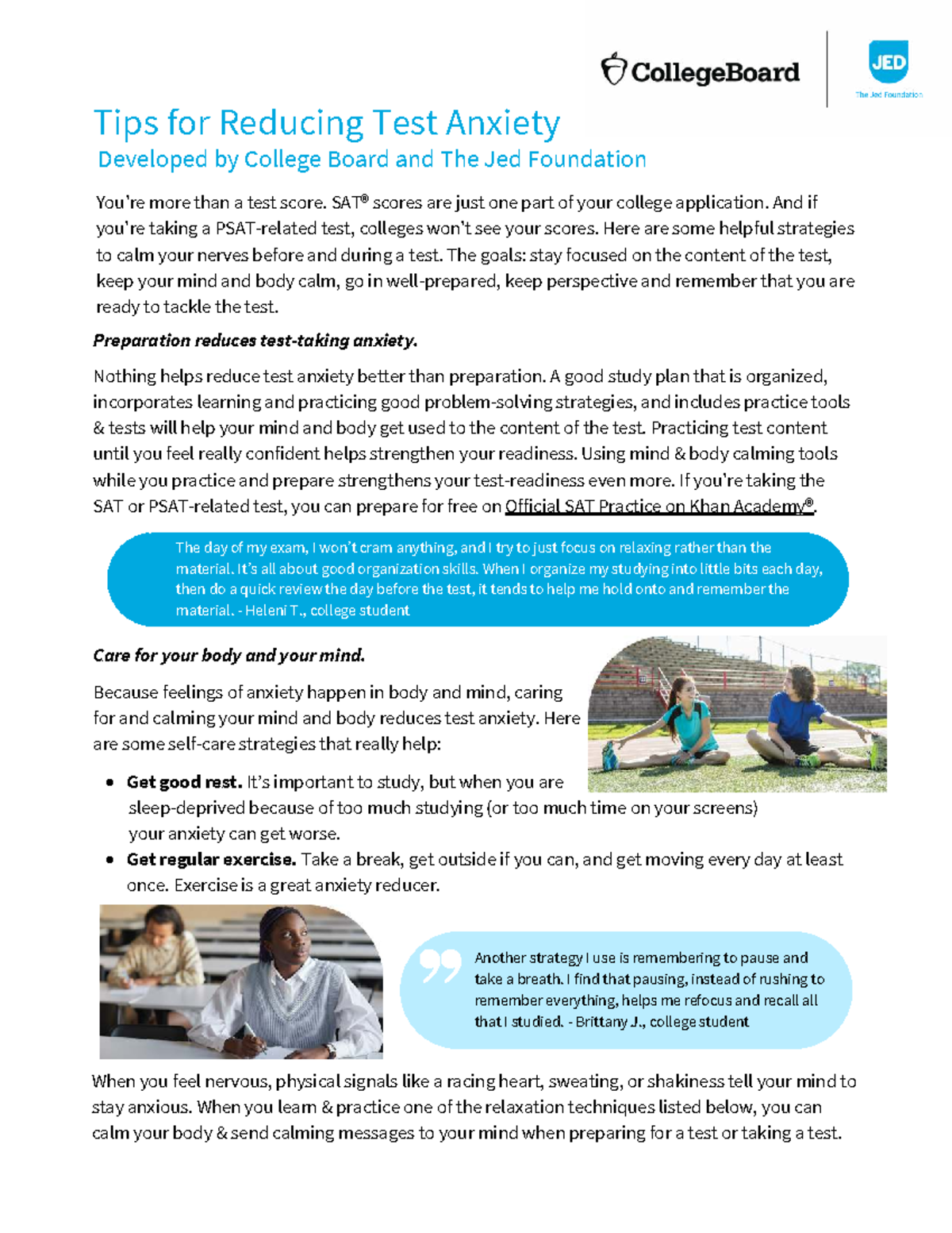 College Board & Jed Foundation: Tips to Reduce Test Anxiety - Studocu