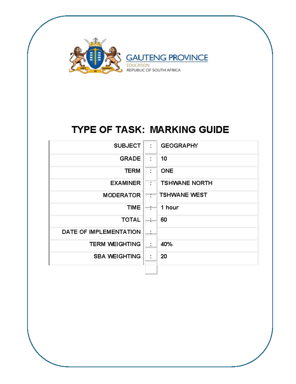 Grade 10 Geography Term 1 Marking Guide - Tshwane North - Studocu