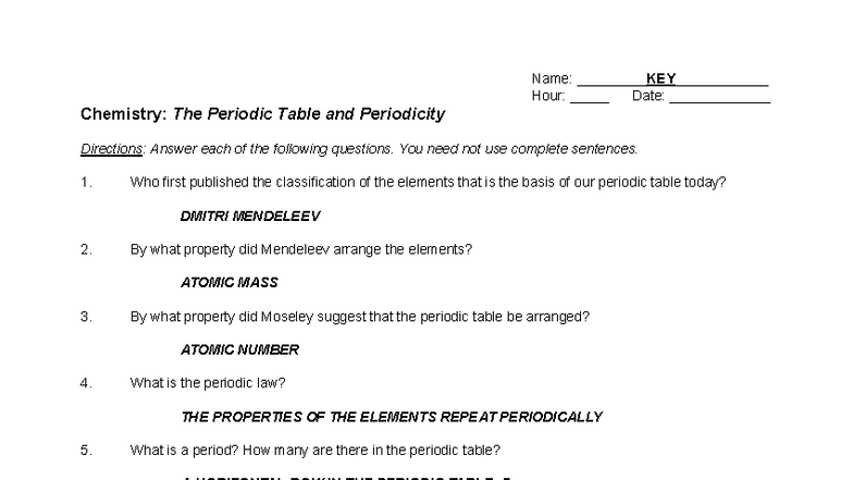 Chemistry 101: Unit 4 Review on The Periodic Table and Trends - Studocu