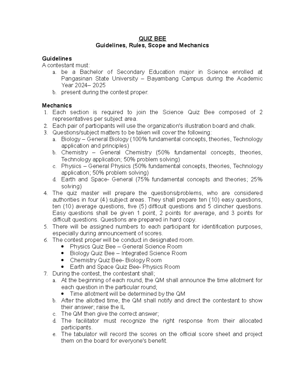 Quiz Bee Contest Guidelines for BSED Science 2024-2025 - Studocu