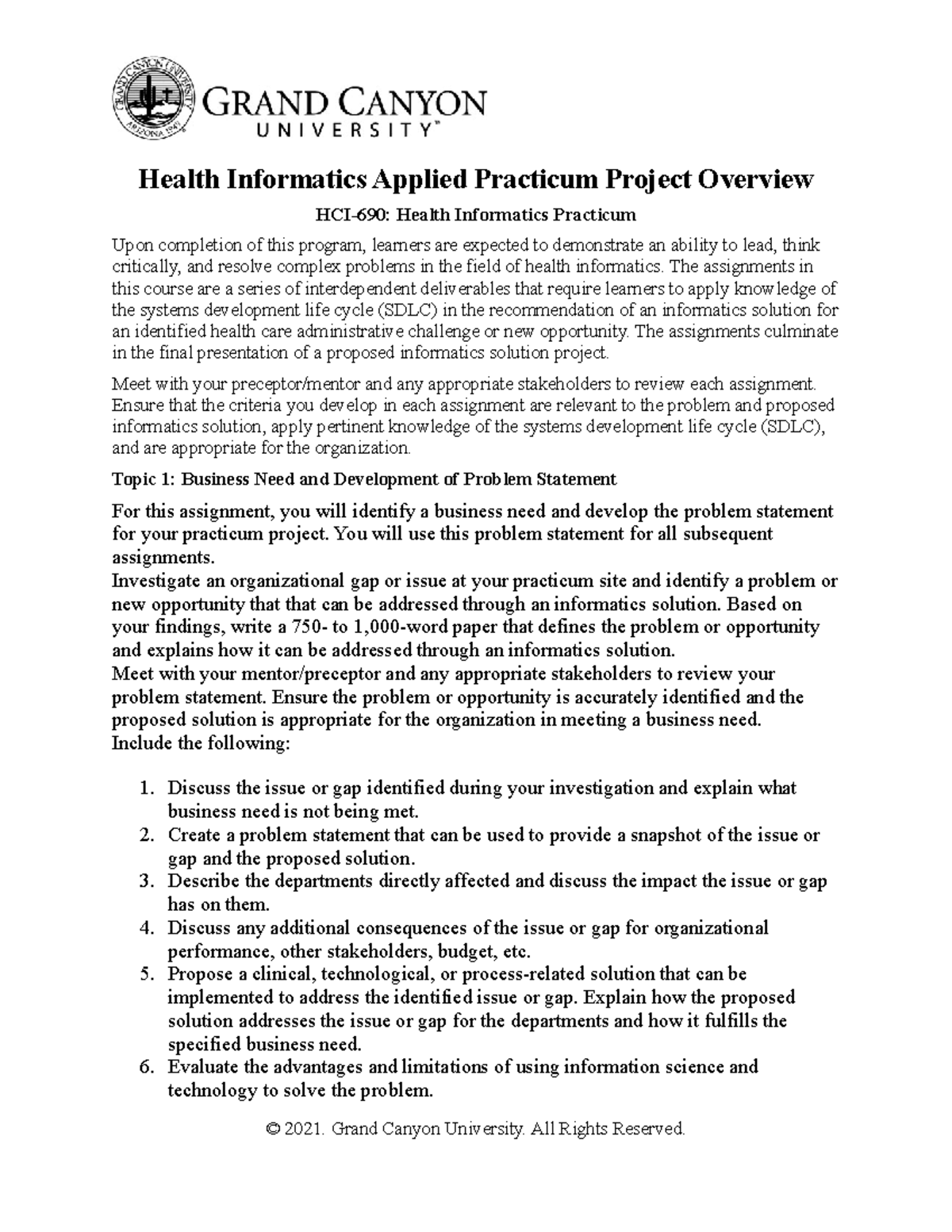 HCI 690 RS Health Informatics Practicum Project Guide & Overview - Studocu