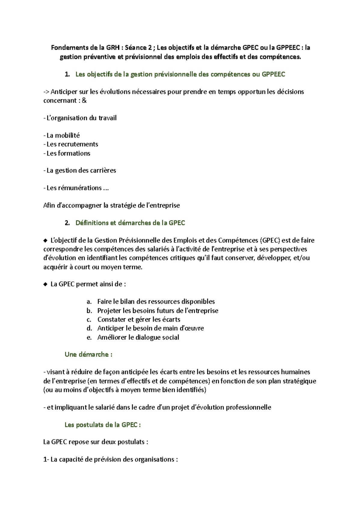 S2 GPEC - Fondements et Objectifs de la Gestion Prévisionnelle - Studocu