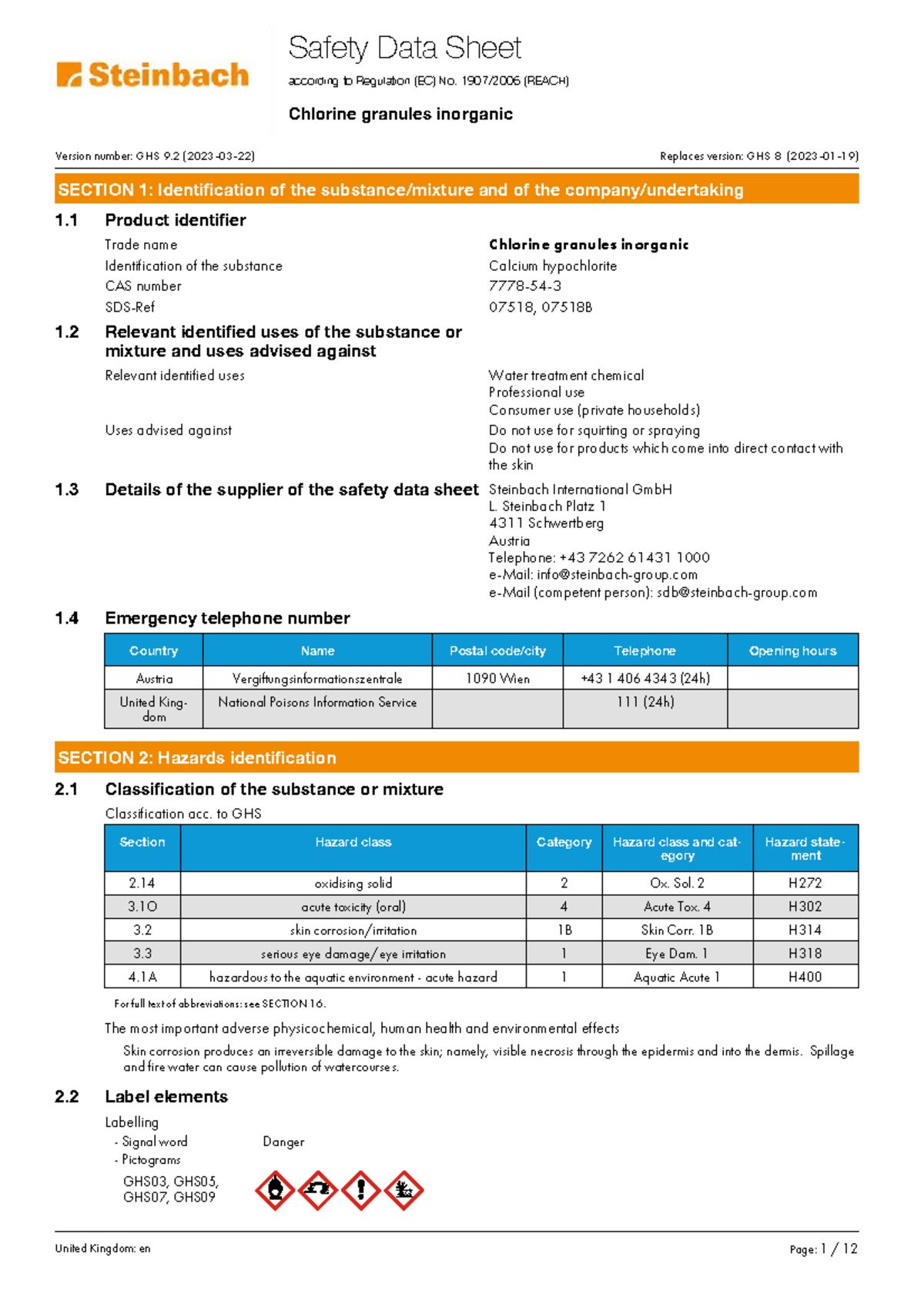 SDS - 07518 - Chlorine Granules Inorganic (GHS 9.2) Safety Data Sheet ...