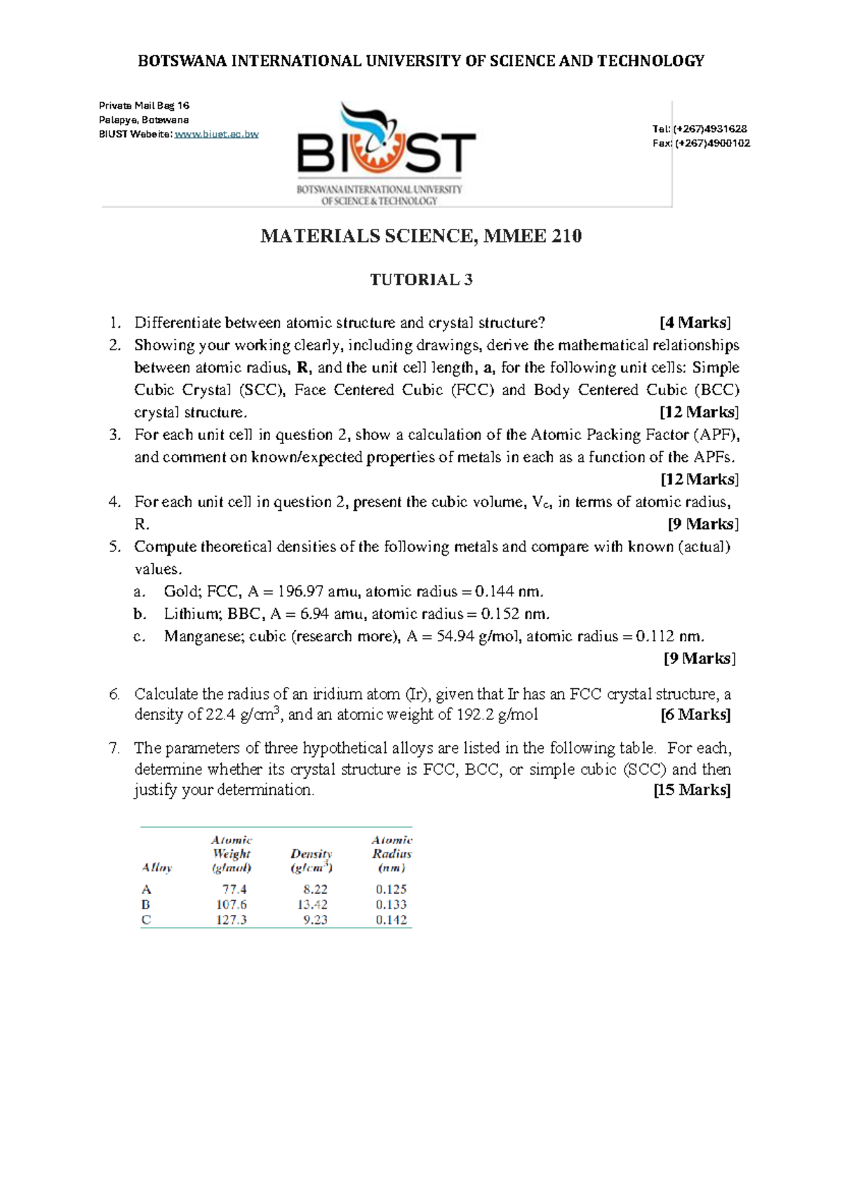 MMEE 210 Tutorial 3 (24-25) - BOTSWANA INTERNATIONAL UNIVERSITY OF ...