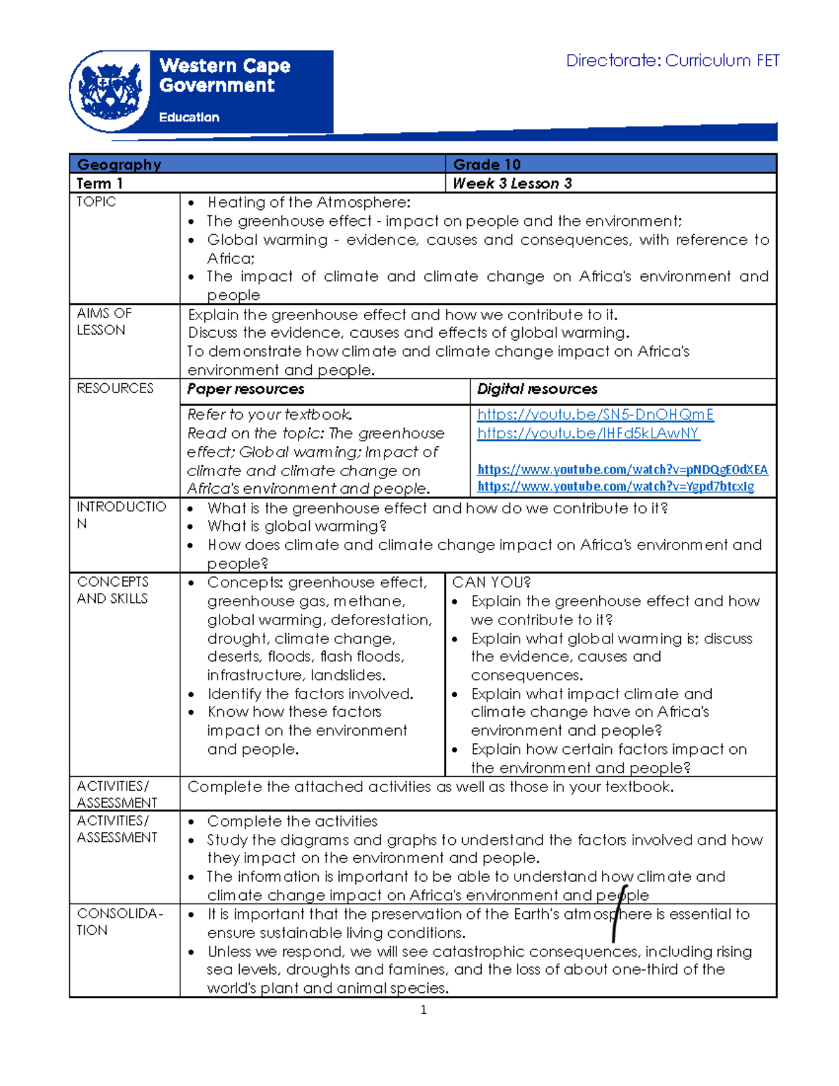 Geography Grade 10 Term 1 Week 3 Lesson: Greenhouse Effect & Climate ...
