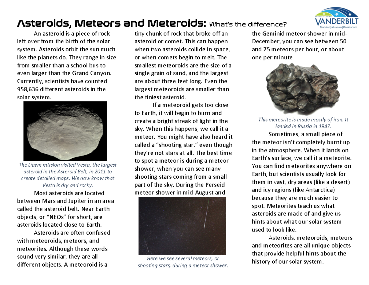 Asteroids and Meteors PDF Printable Worksheet - Asteroids, Meteors and ...