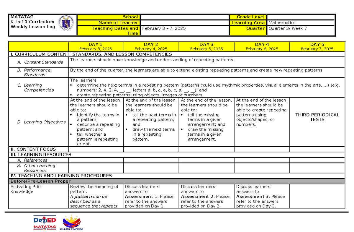 G1-Q3-LE-WEEK 8-MATH: Weekly Lesson Log on Repeating Patterns - Studocu