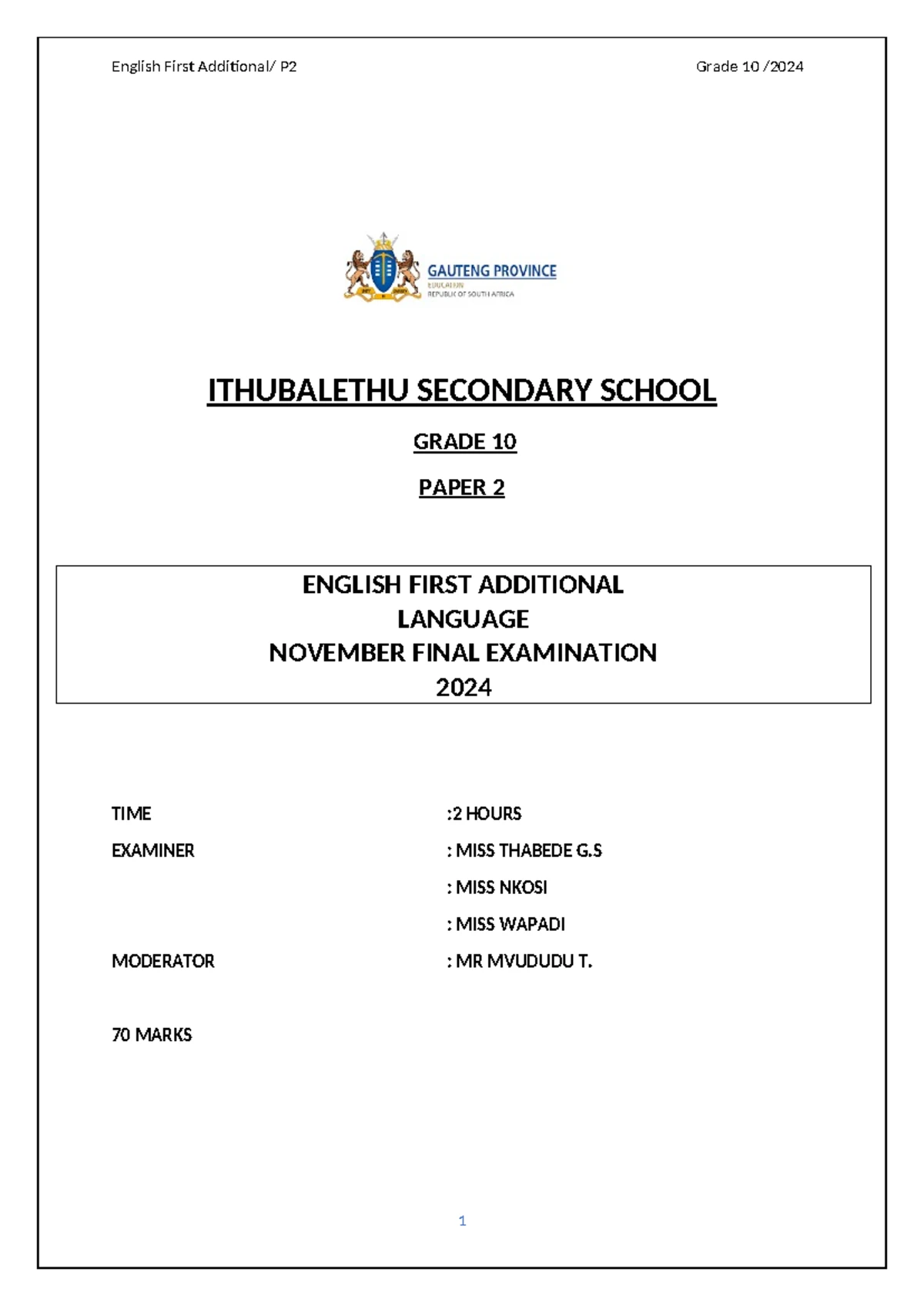 Grade 12 English FAL P2 November 2023 Marking Guidelines - Studocu