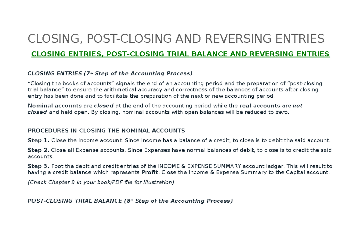Closing, Post-Closing Trial Balance & Reversing Entries Overview - Studocu