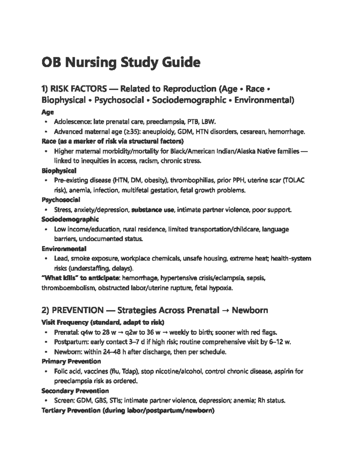 OB Nursing Study Guide: Risk Factors, Assessment, and Interventions ...