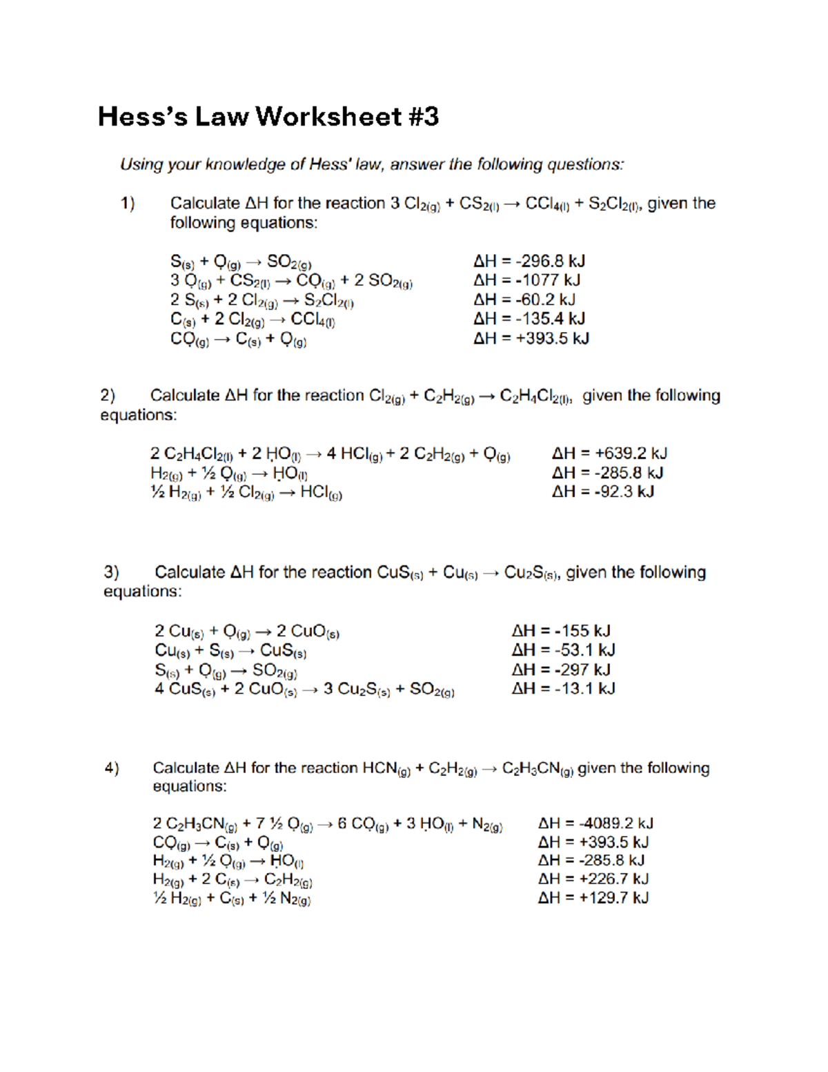 Hess's Law Worksheet #3: Calculating AH for Reactions - Studocu