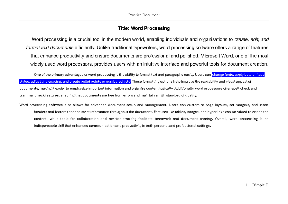 ITB EXP 1 102600 - Introduction to Word Processing - Practice Document ...