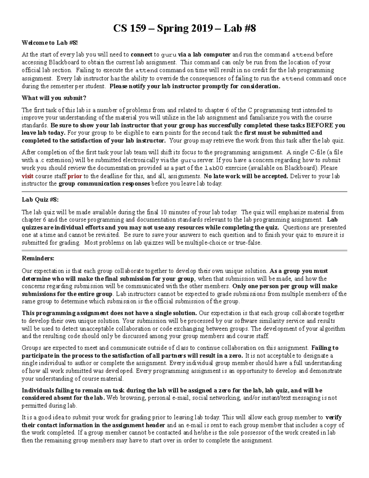 Lab08 - The 8th lab document. - CS 159 Spring 2019 Lab Welcome to Lab ...