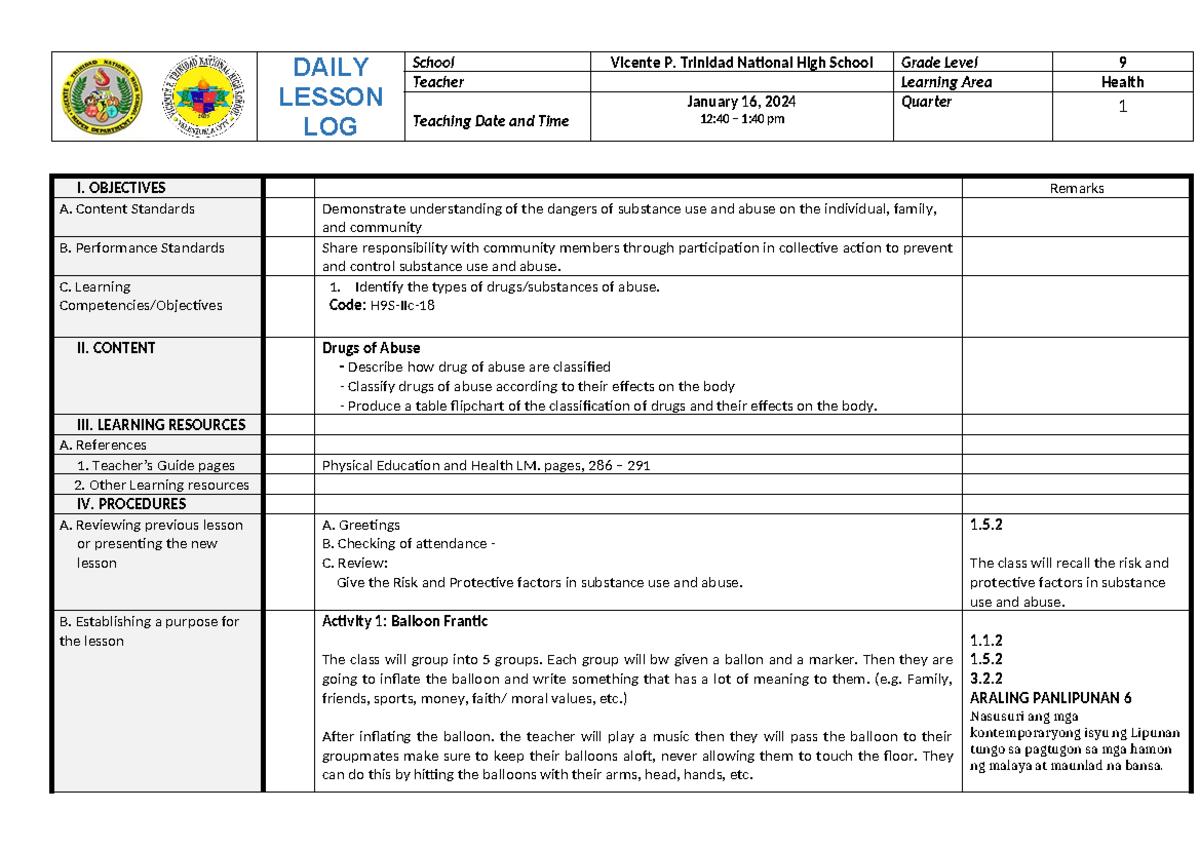 DAILY LESSON LOG: Substance Use & Abuse - Health 9 (Jan 16, 2024) - Studocu