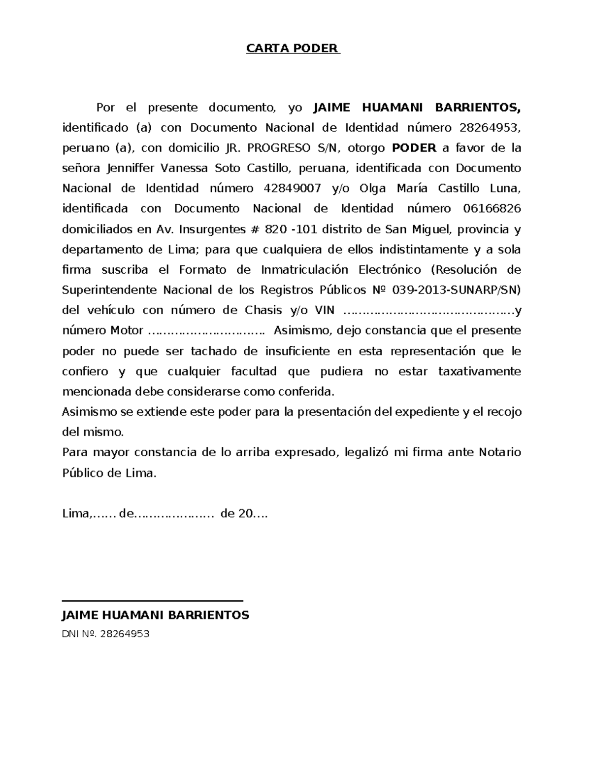 Carta Poder Persona Natural Sunarp forma - CARTA PODER Por el presente ...