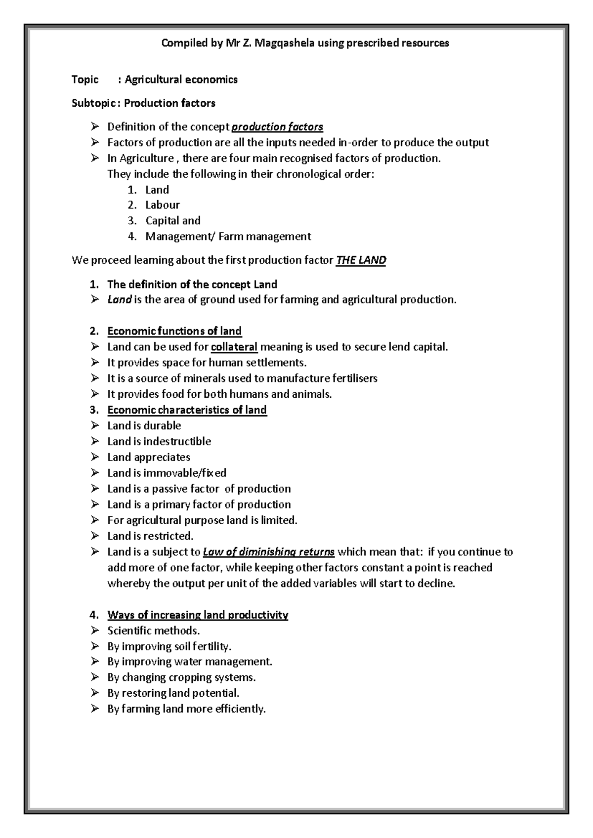 Factors of Production in Agricultural Economics: Comprehensive Notes ...