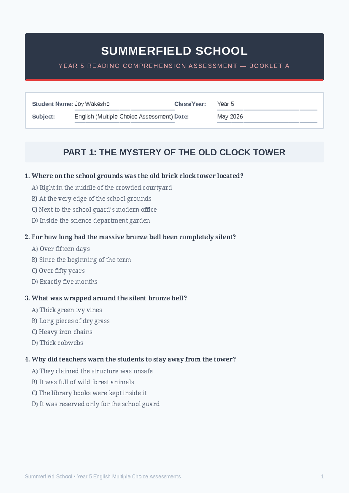 SUMMERFIELD SCHOOL YEAR 5 ENGLISH MCQ ASSESSMENTS - Studocu