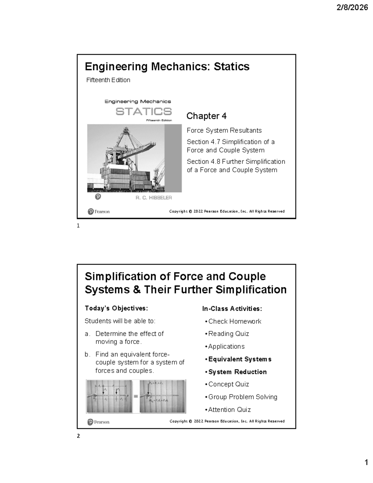 CIVL240 Spring 2026 Chapter 4: Force System Resultants Simplification ...