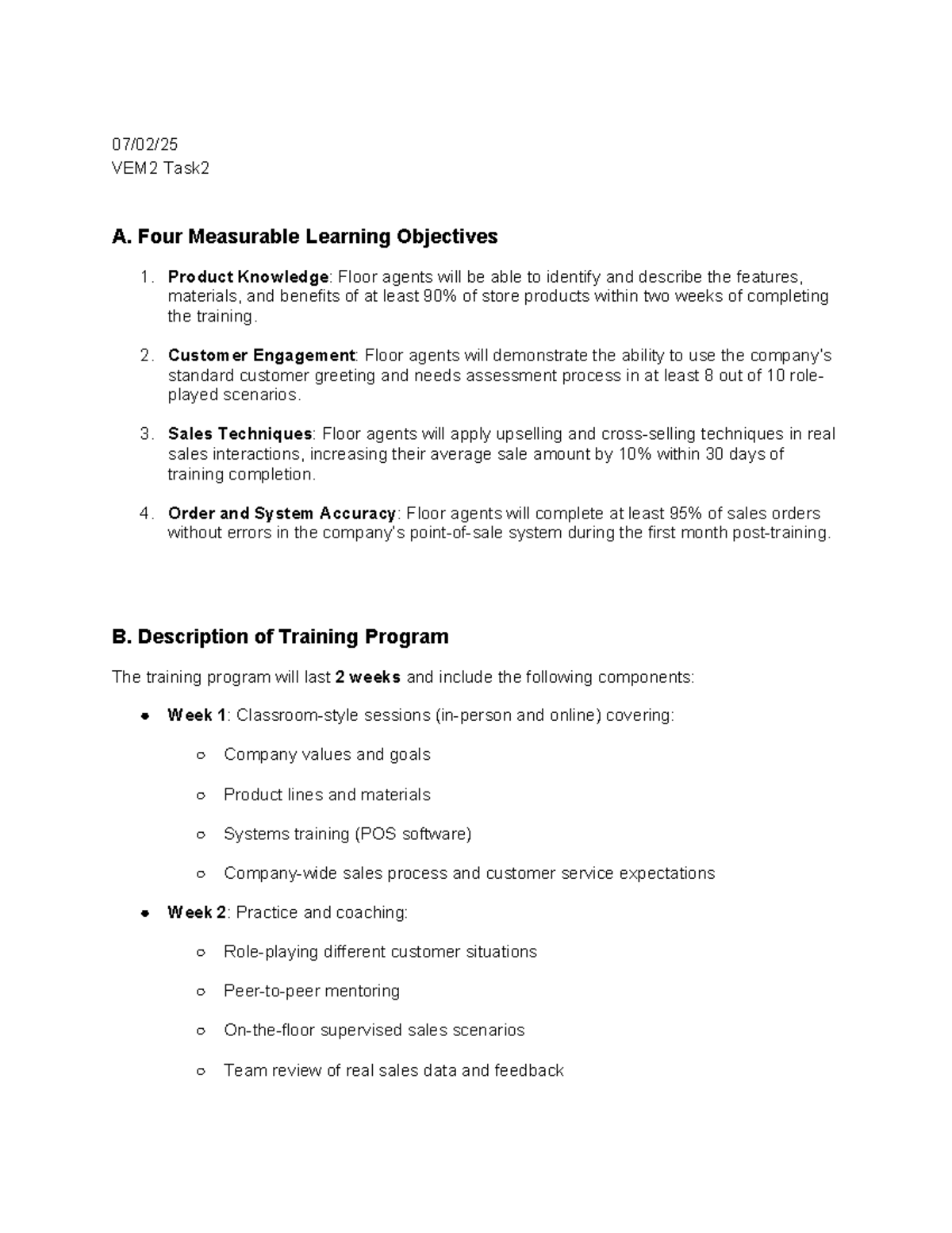 VEM2 Task2 - Measurable Learning Objectives for Floor Agents - Studocu