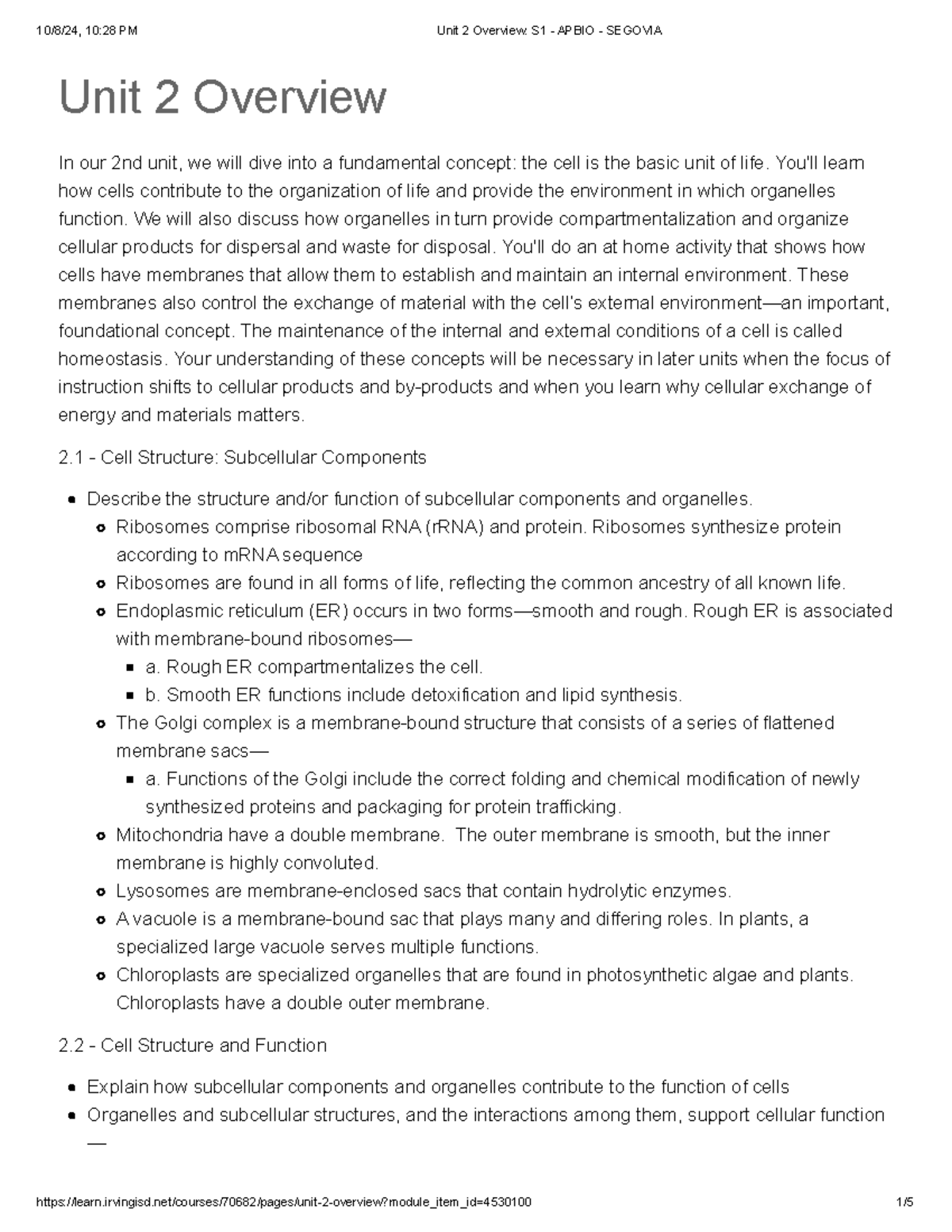 AP BIO Unit 2 Overview - Class Notes Regarding Cells - Unit 2 Overview ...