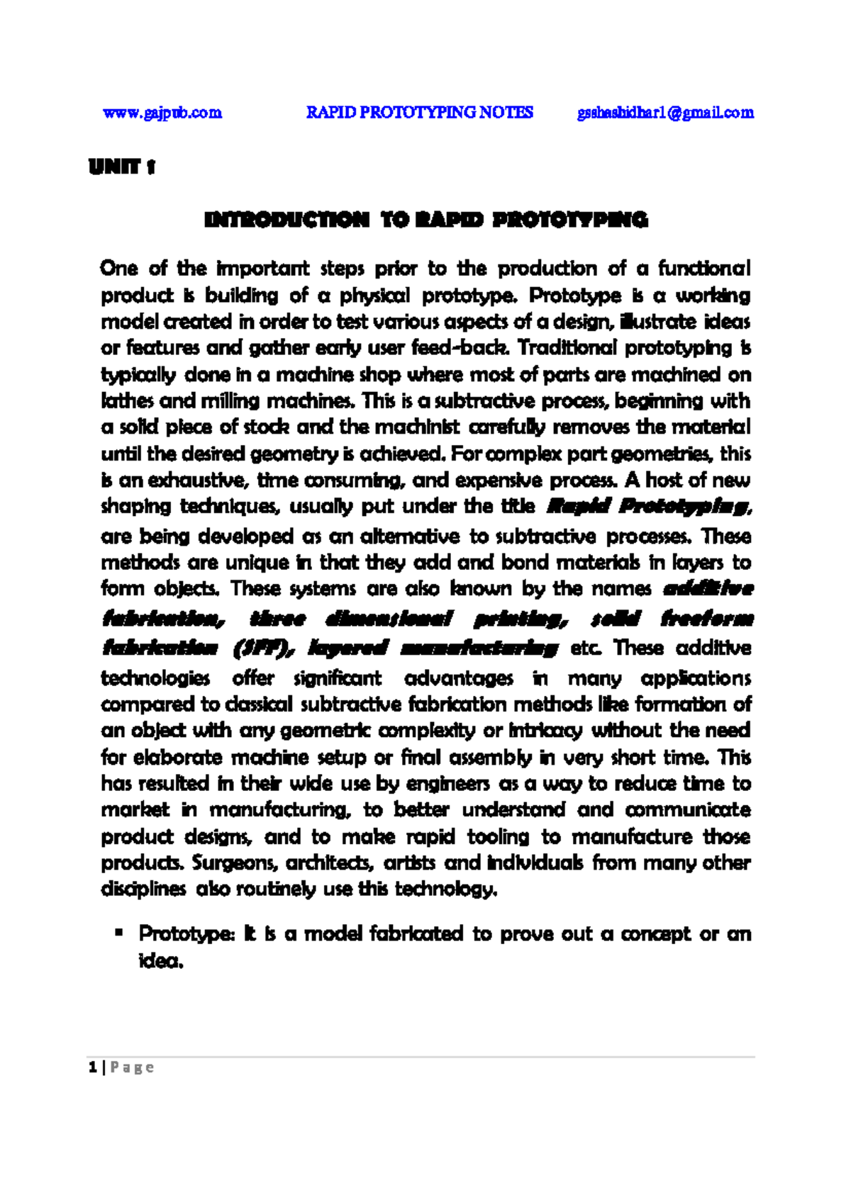 RAPID PROTOTYPING NOTES UNIT 1: INTRODUCTION TO ADDITIVE MANUFACTURING ...