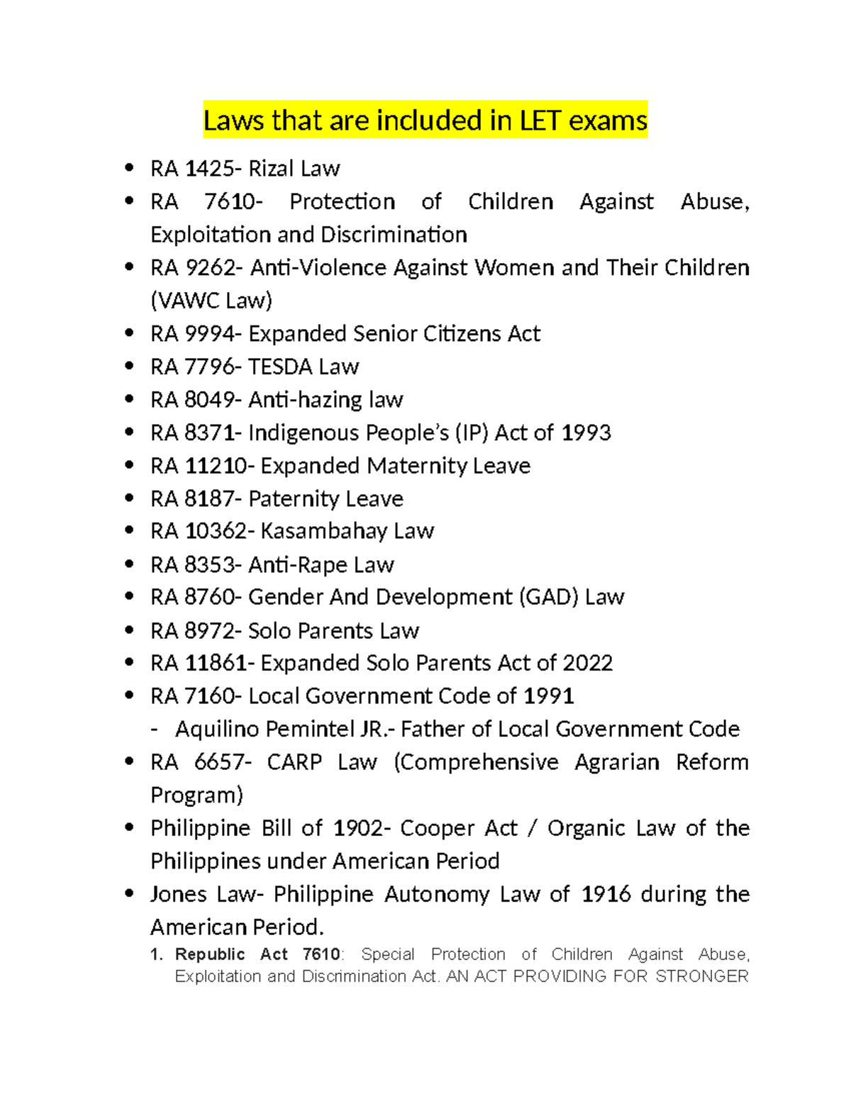 Laws Covered in LET Exam: Essential Republic Acts and Provisions - Studocu
