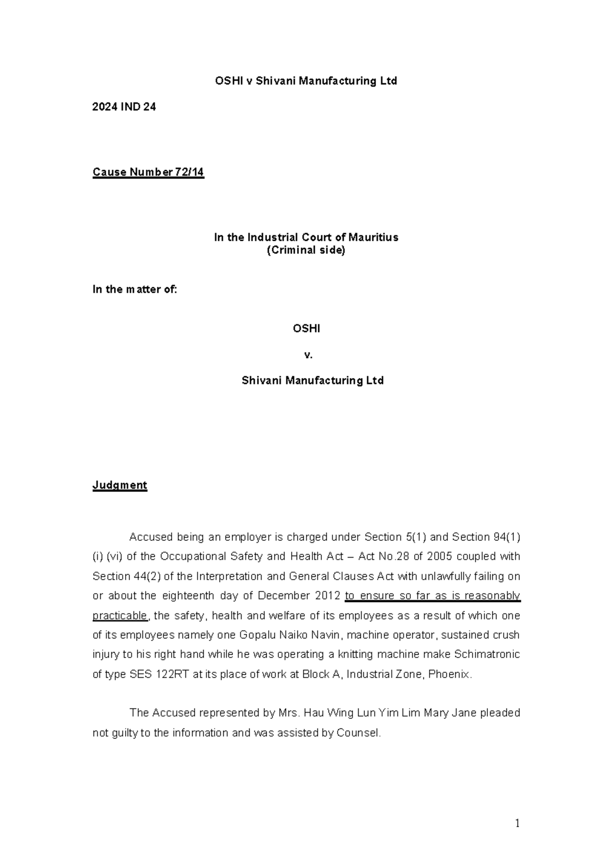 OSHI v. Shivani Manufacturing Ltd: Judgment on Occupational Safety Case ...