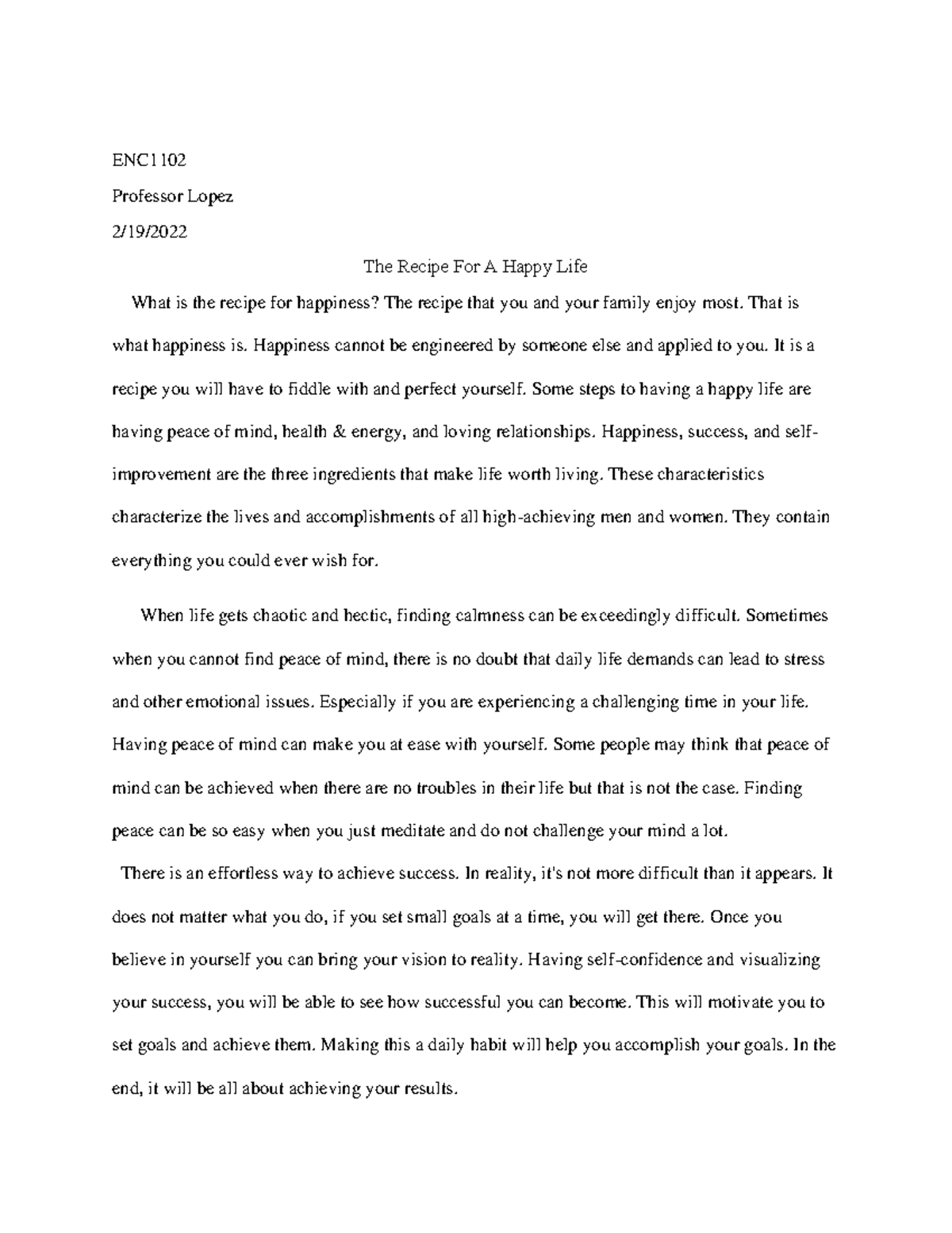 ENC Essay #1: Crafting the Perfect Recipe for Happiness - Studocu