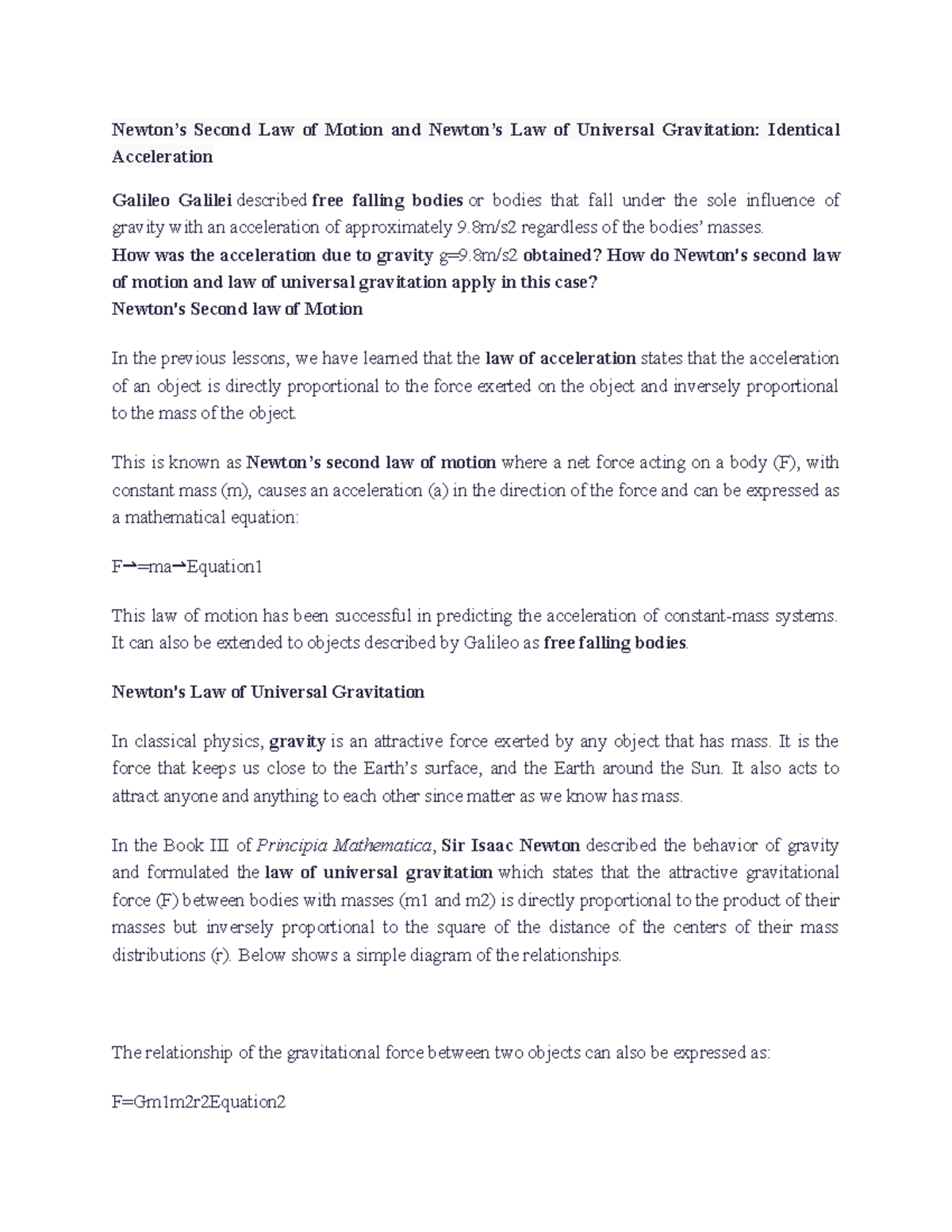 Newton’s Second Law of Motion and Newton’s Law of Universal Gravitation ...