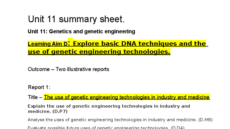 Unit 11: Genetics & Genetic Engineering Summary Sheet - Studocu