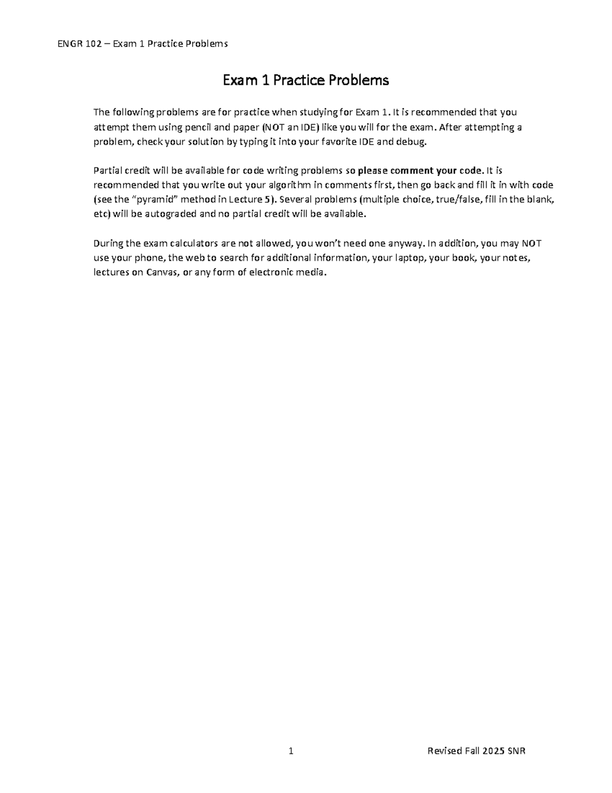 ENGR 102 – Exam 1 Practice Problems: Code Writing & Short Answers - Studocu