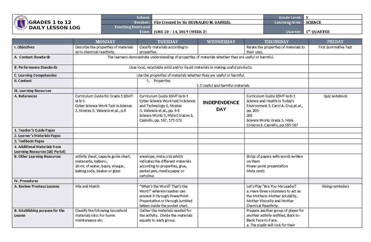 DLL Science 5 Q1 W2 - Detailed Lesson Plan and Activities - Studocu