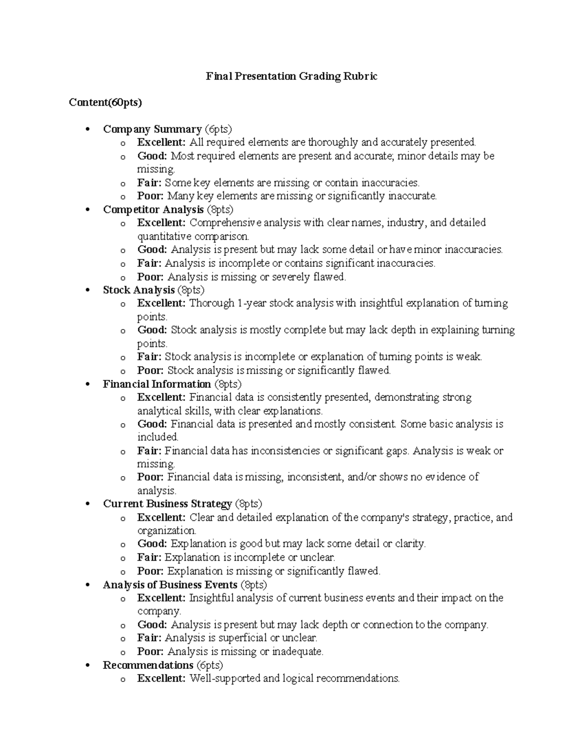 Final Presentation Grading Rubric (60pts) for Company Analysis - Studocu