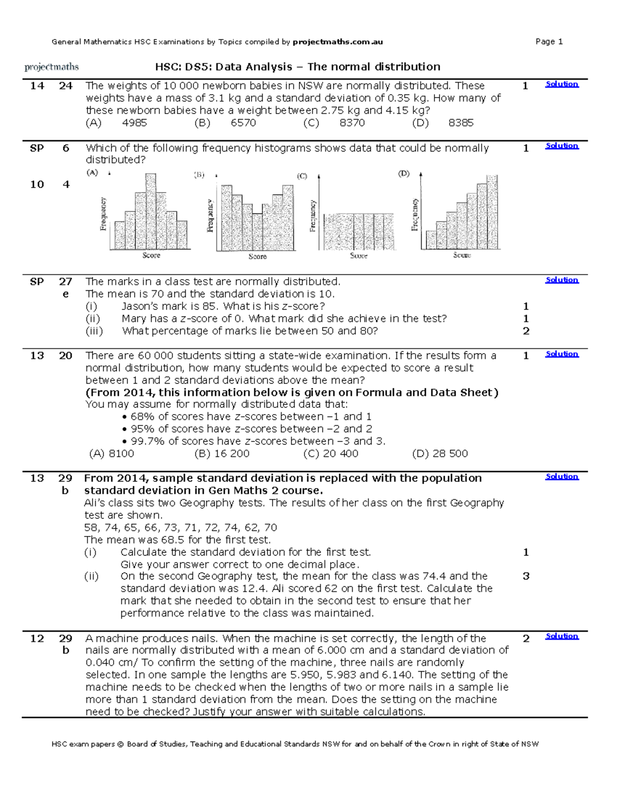 Mathematics HSC Exam Topics: Data Analysis & Normal Distribution - Studocu